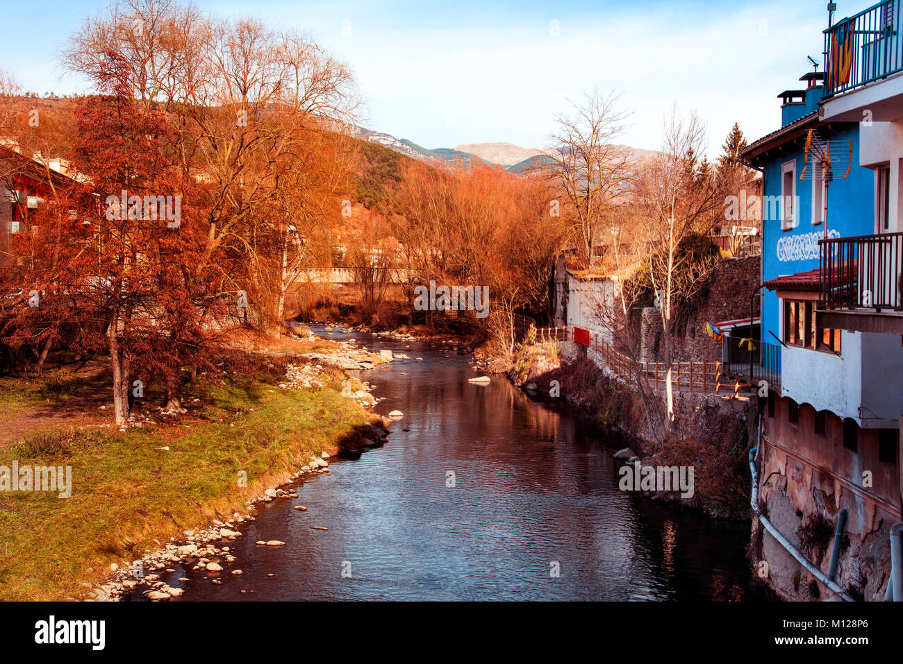 a view of the Ter River as it passes through Ripoll, in Catalonia ...