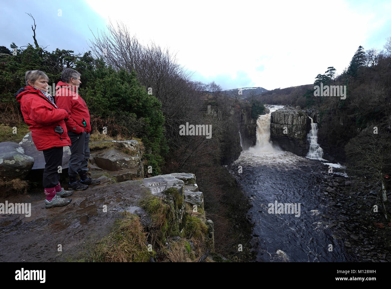 Walkers look at the High Force Waterfall in the Forest-in-Teesdale, in ...
