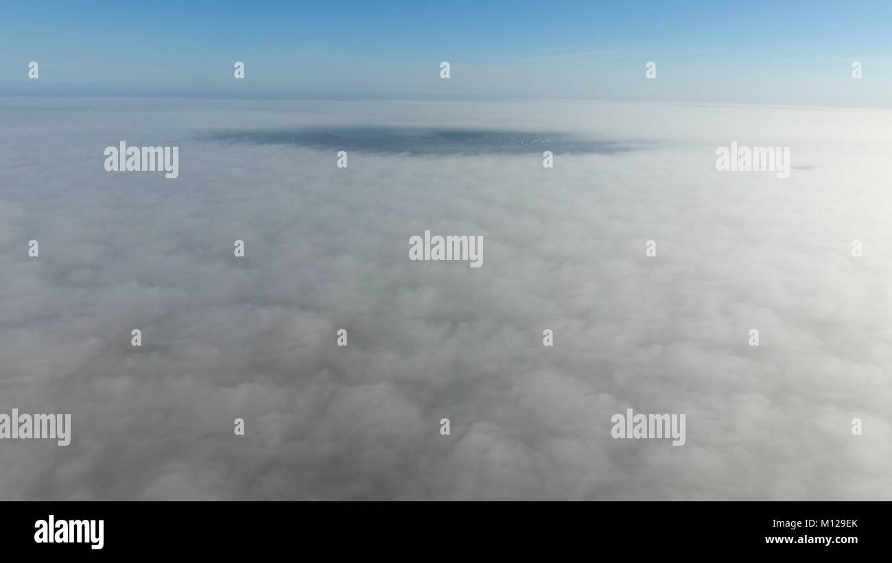 Fog above the ground. Top view of the fog. Low clouds. Morning mist ...