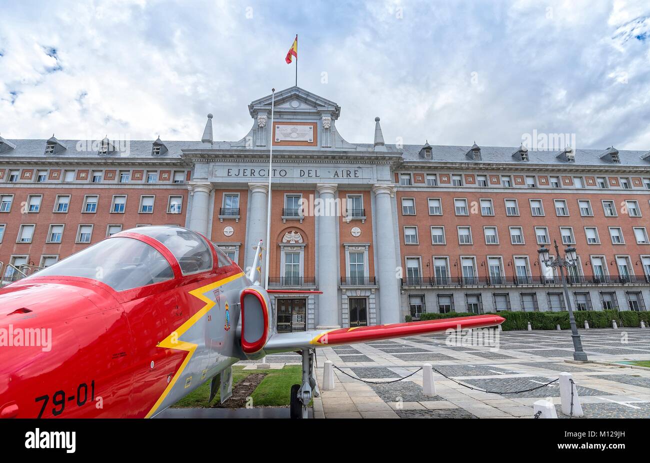 Jet aircraft on display outside a ministry building in Madrid, Spain ...