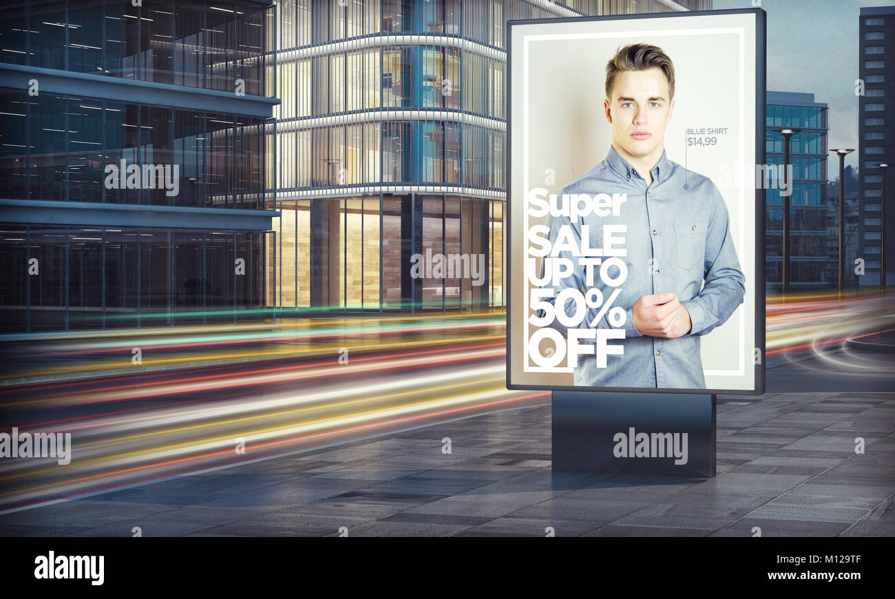Advertising fashion sale billboard in city night 3d rendering Stock ...
