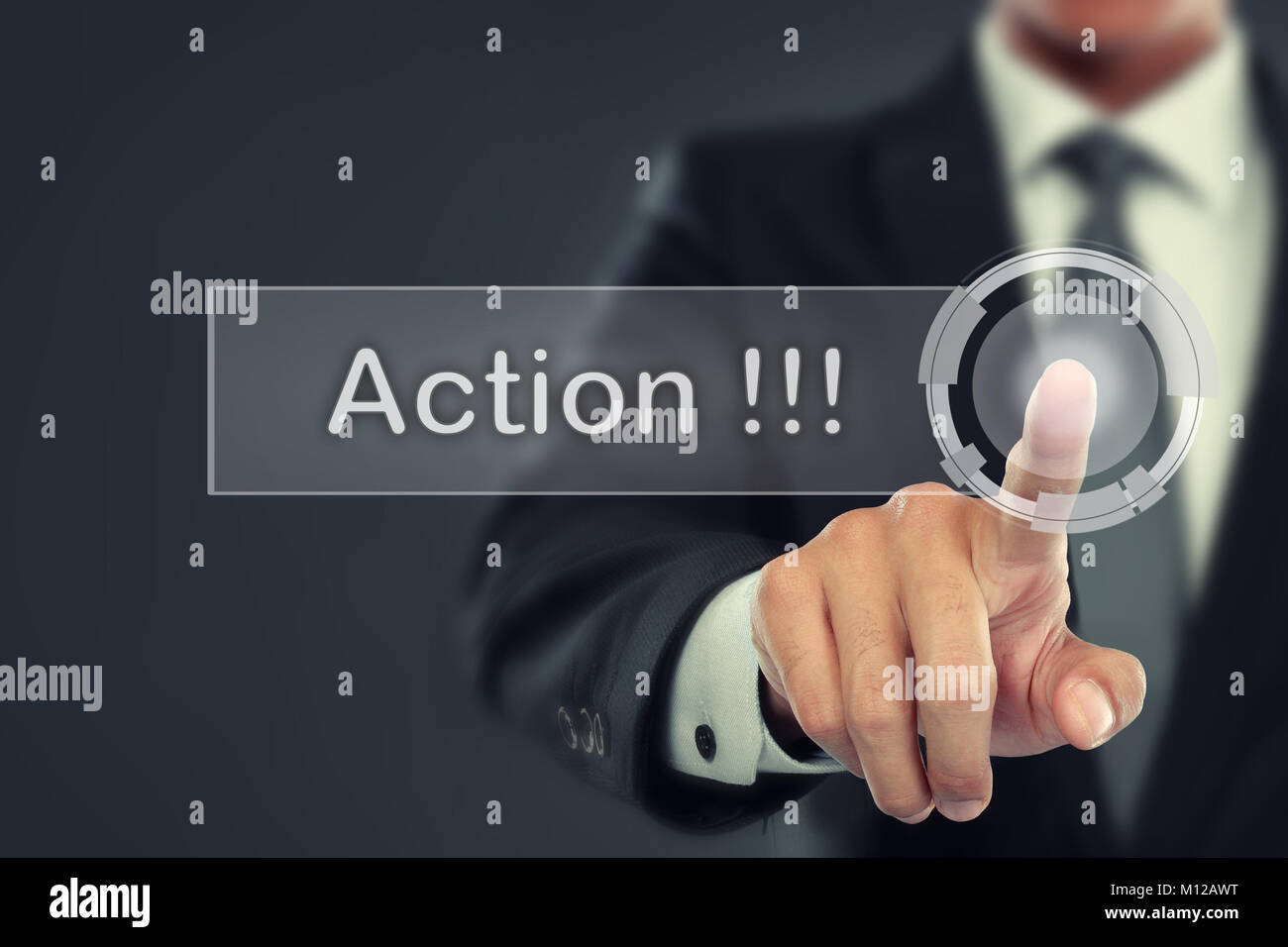 portrait of Businessman push to Action button on virtual screen Stock ...