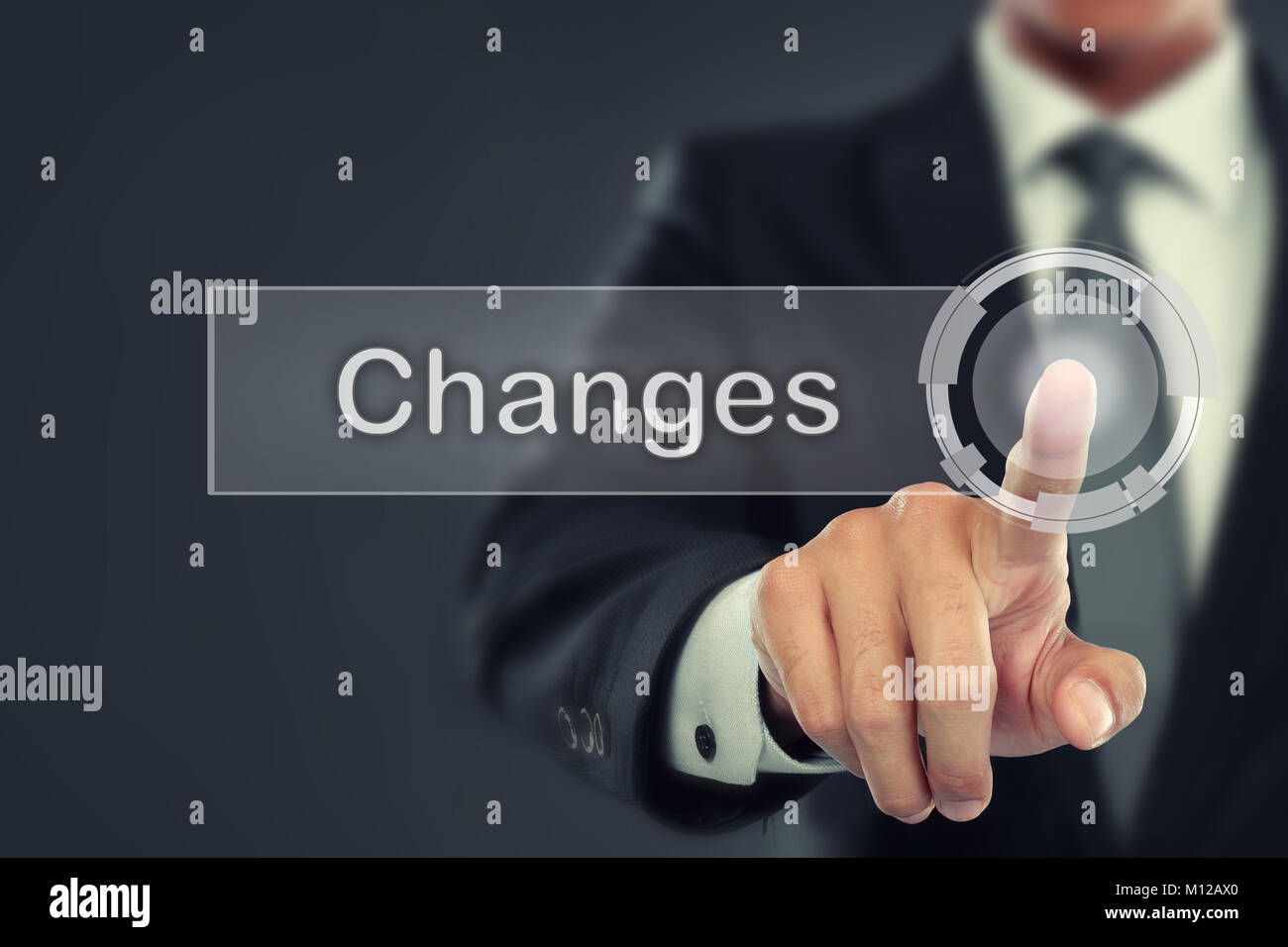 portrait of Businessman push to Changes button on virtual screen Stock ...