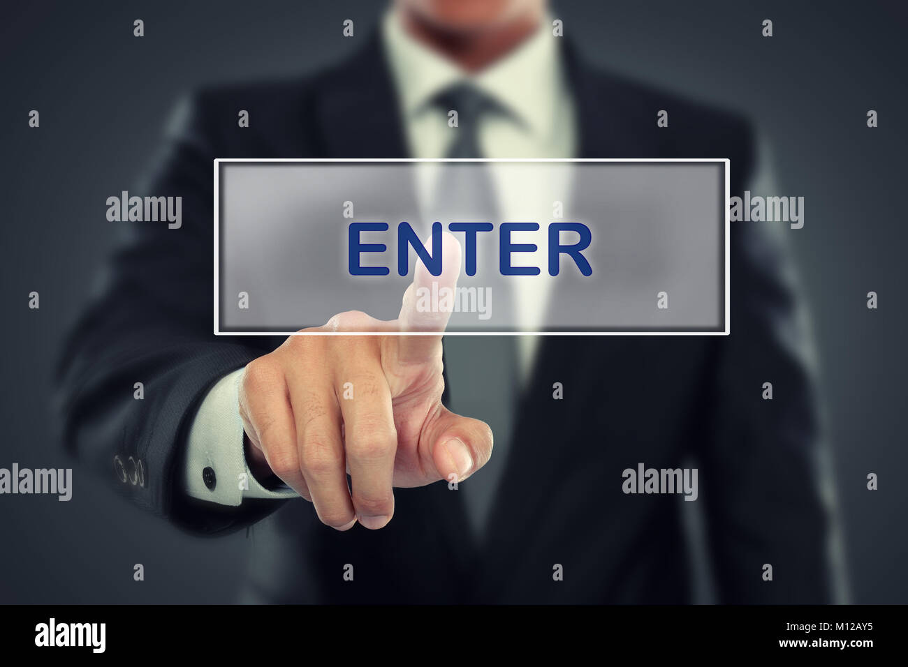 portrait of Businessman push to Enter button on virtual screen Stock ...