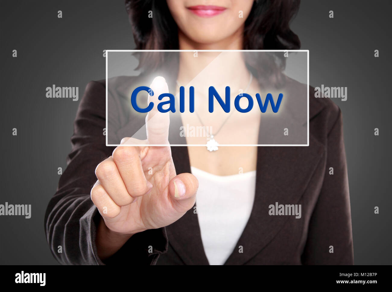 portrait of Business woman push to Call Now button on virtual screen ...