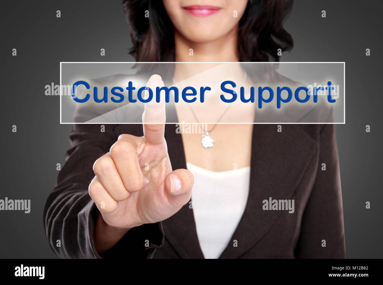 portrait of Businessman push to Customer support button on virtual ...