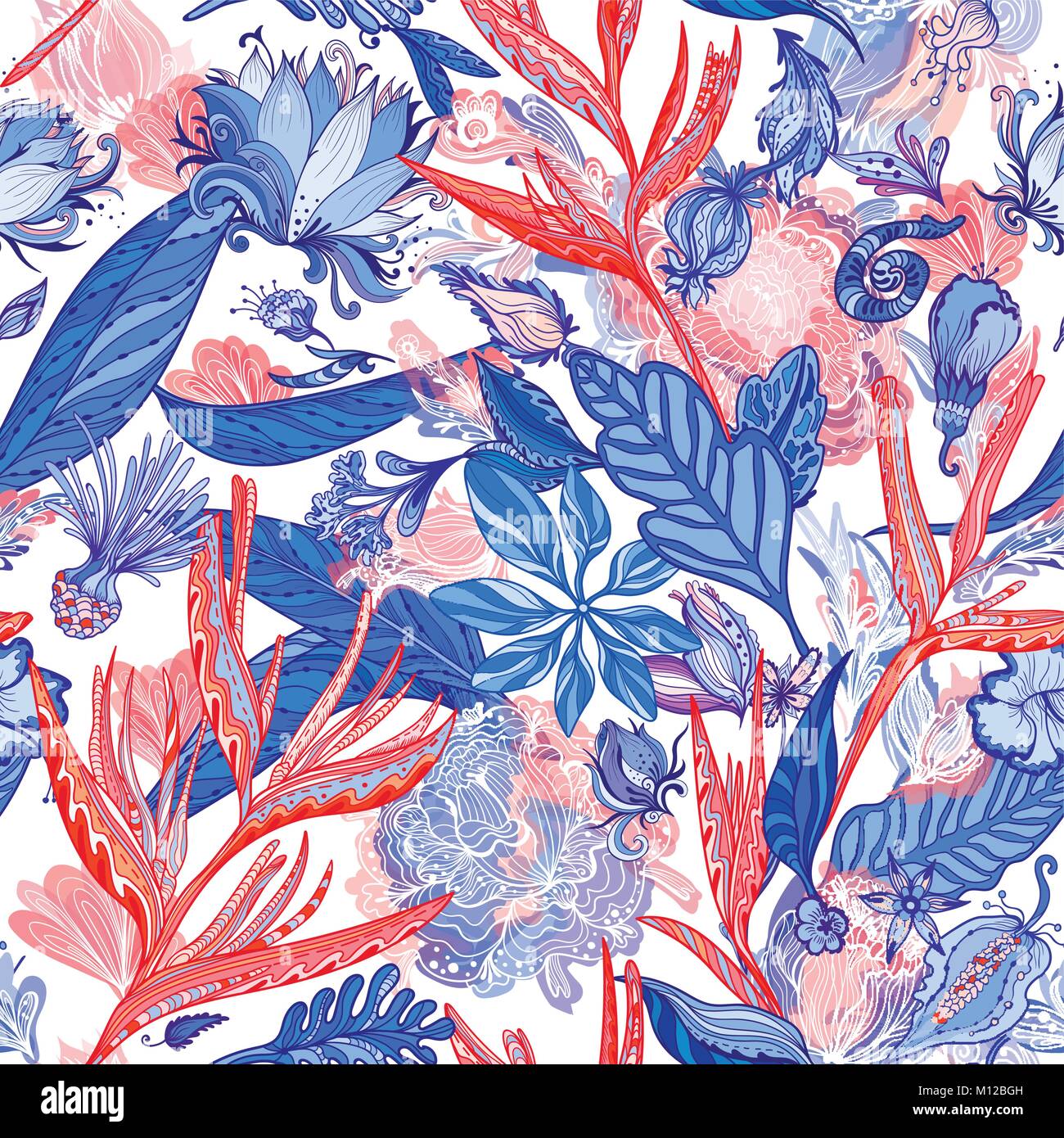 Seamless vector texture with tropical Asian plants and flowers on white ...