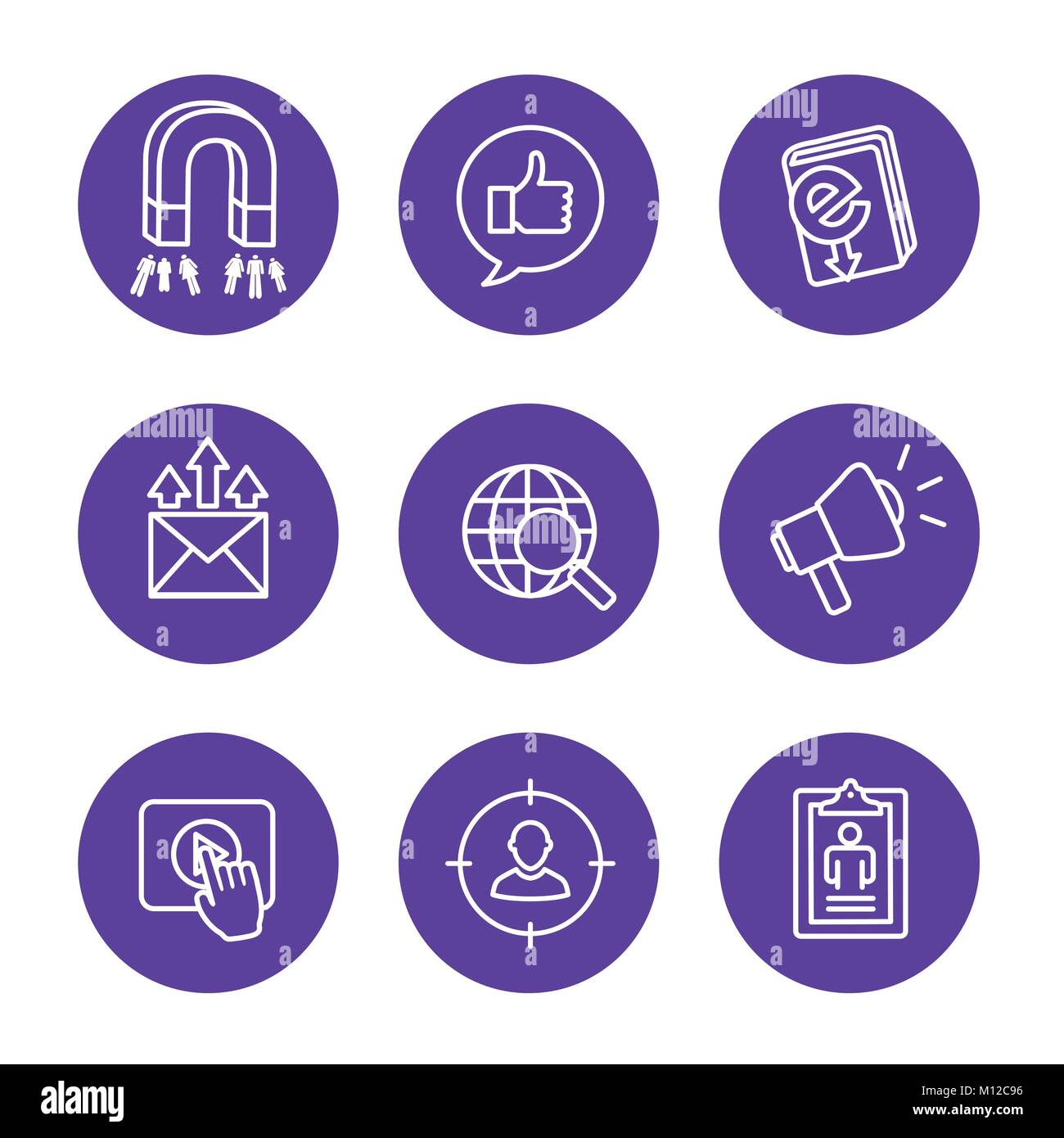 Inbound marketing icon set with magnet, social, email, & promotion ...