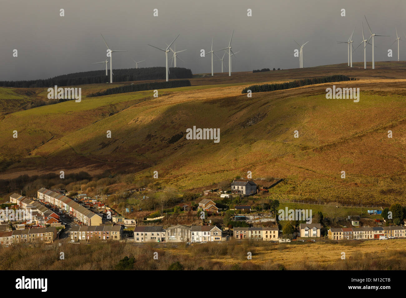 Welsh valleys town, and wind turbines, Gilfach Goch, Wales, UK Stock ...