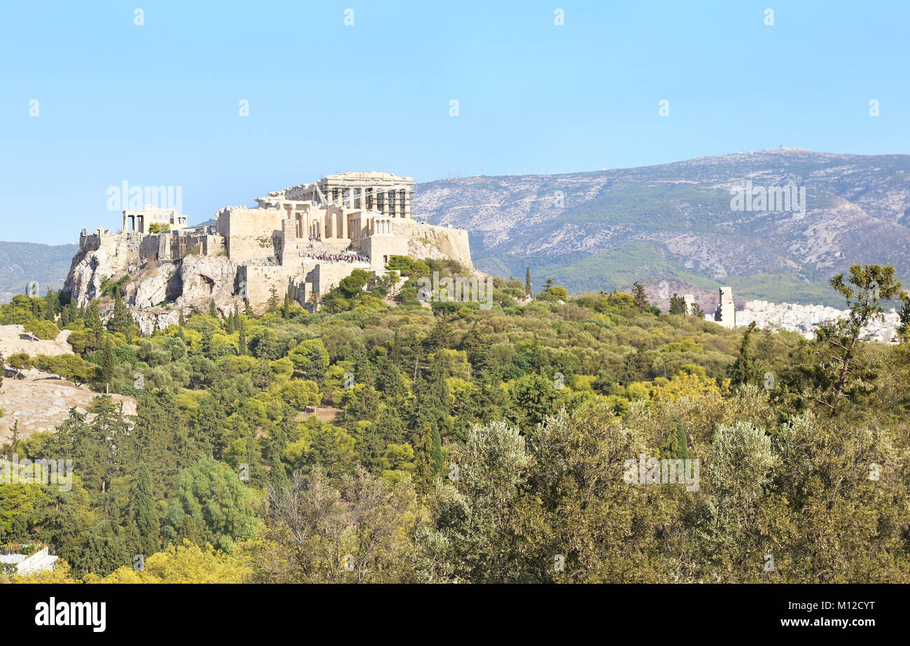 the ancient Parthenon and Acropolis landscape in Athens city Greece ...
