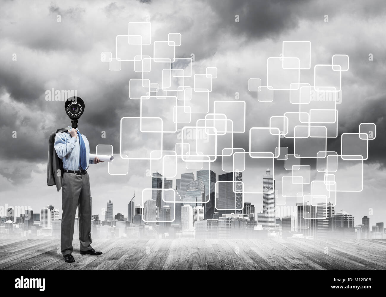 Camera headed man standing on wooden floor against modern citysc Stock ...