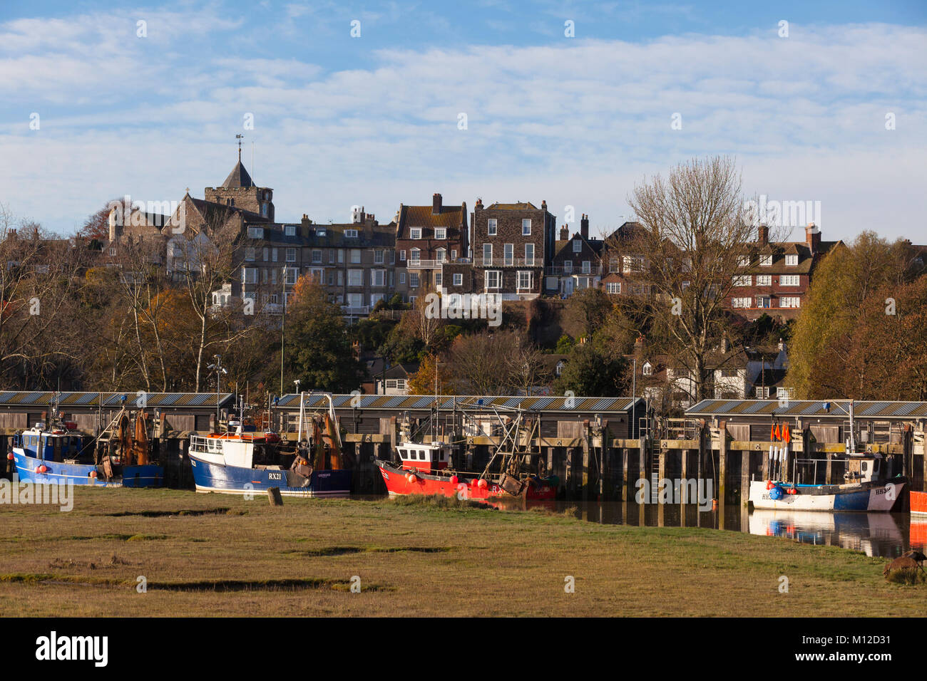 The old town of Rye and fishing boats on the river Rother in East ...
