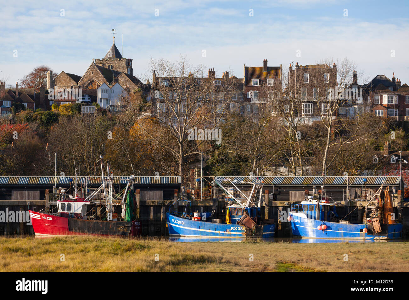The old town of Rye and fishing boats on the river Rother in East ...