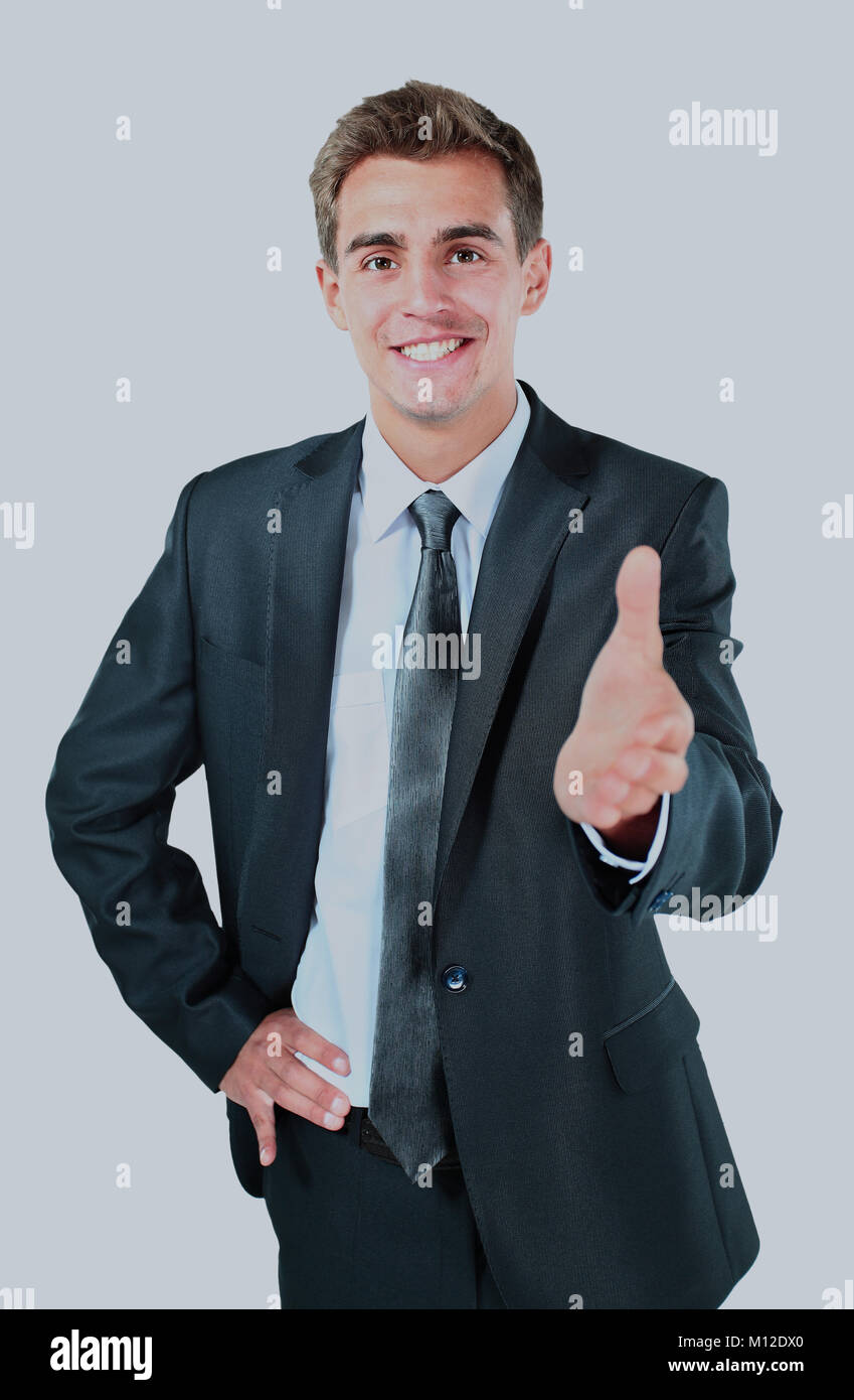 happy smiling businessman giving hand for handshake Stock Photo - Alamy