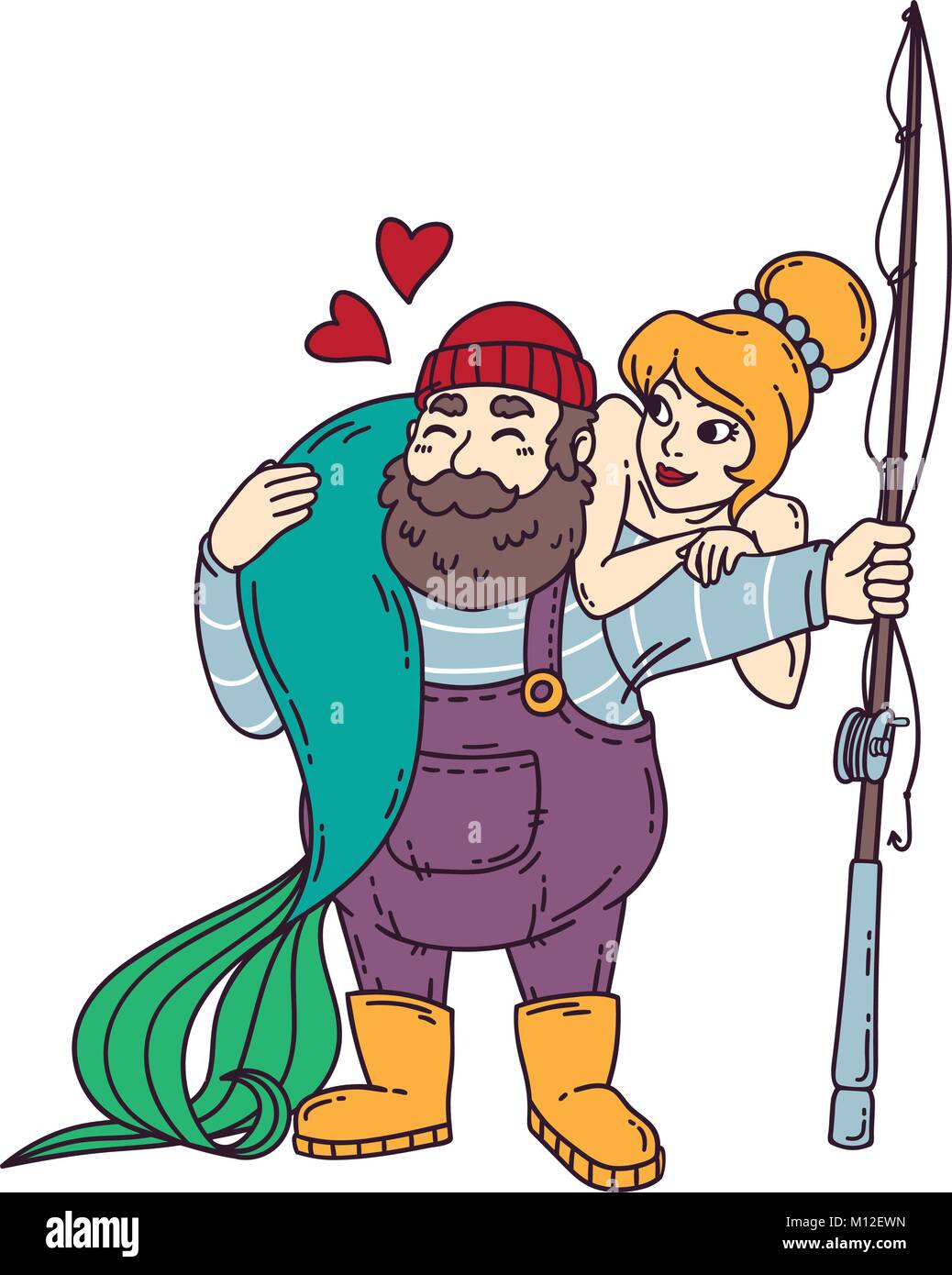 Fisherman with mermaid. Isolated objects on white background. Cartoon ...