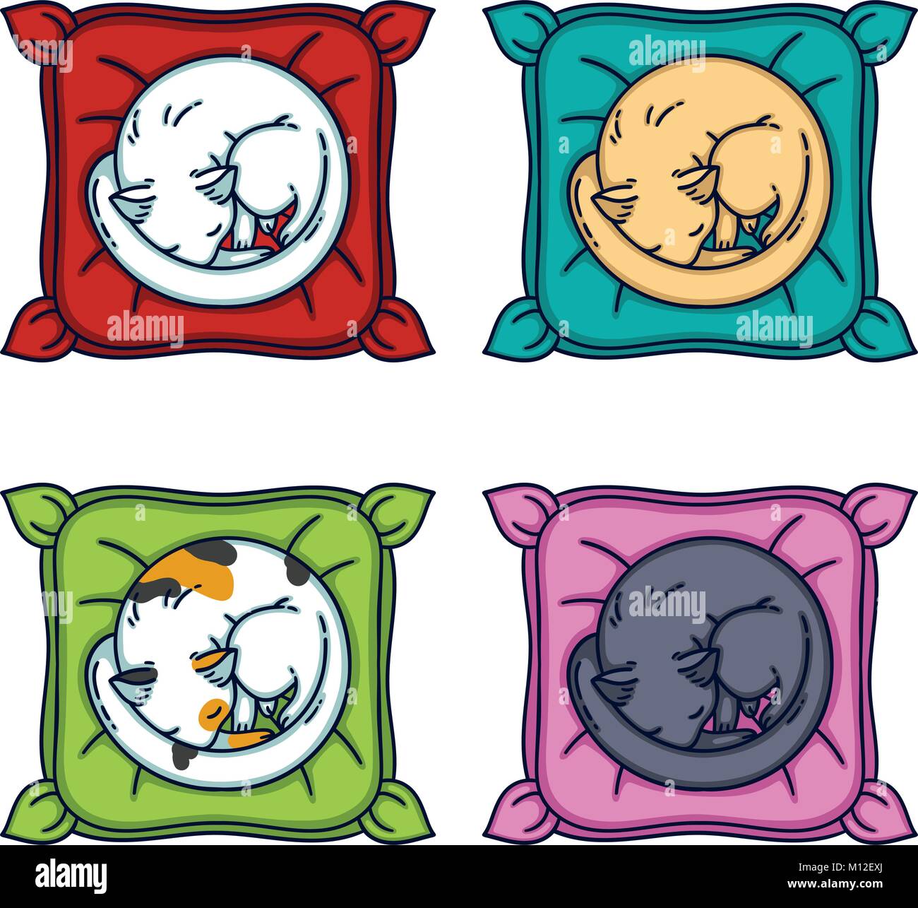Cute cat sleeping on a pillow. Set cats. Isolated objects on white ...