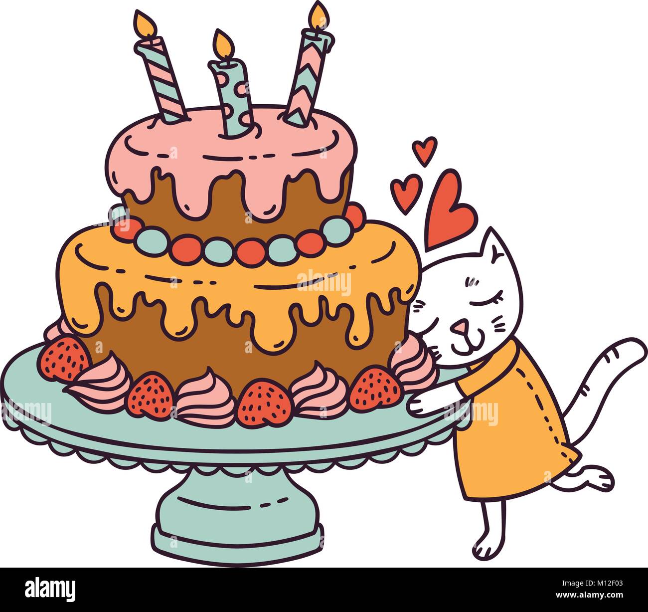Birthday cake and cute cat. Isolated objects on white background ...