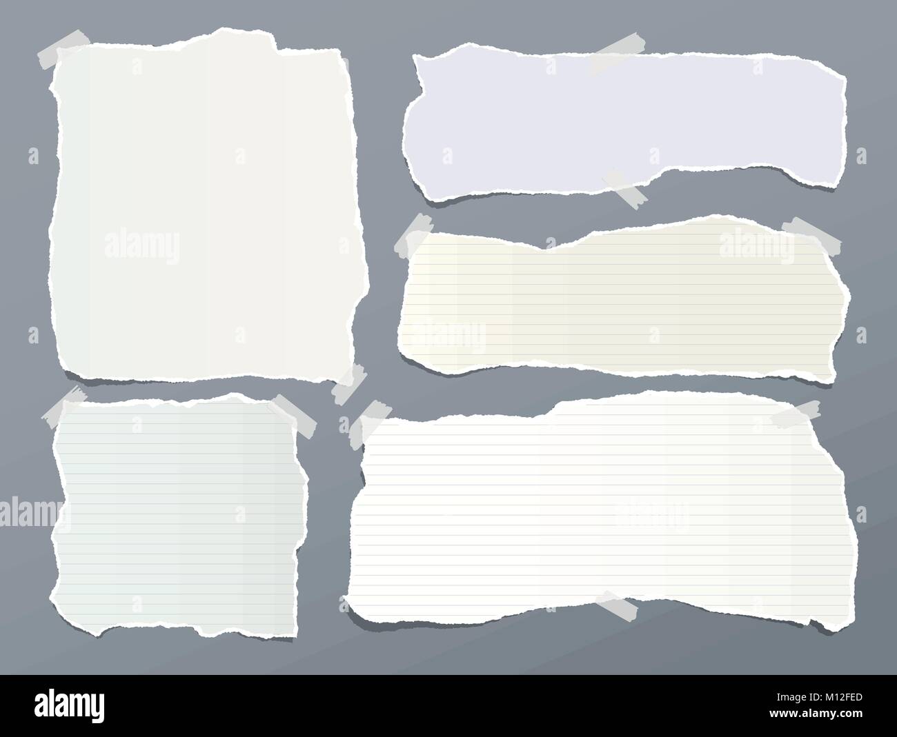 Pieces of torn green, yellow, white note, notebook paper strips stuck ...