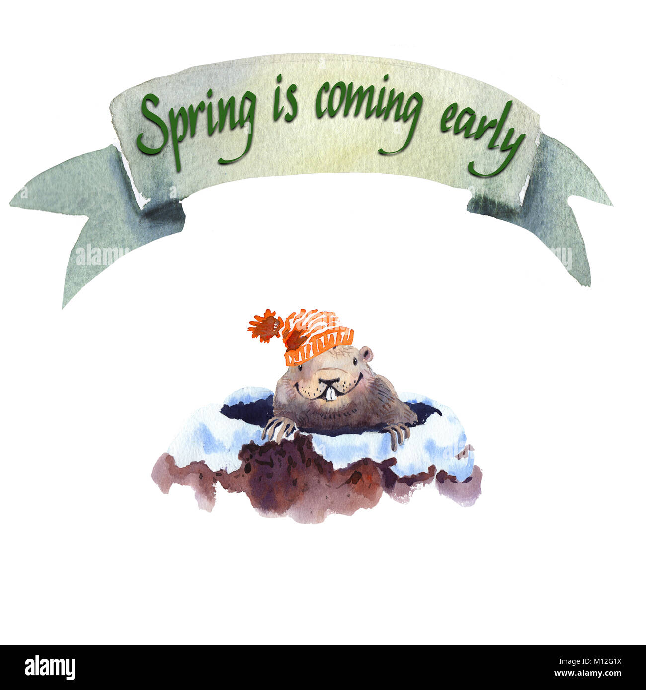 Happy Groundhog Day - hand hand drawing watercolor card groundhog ...