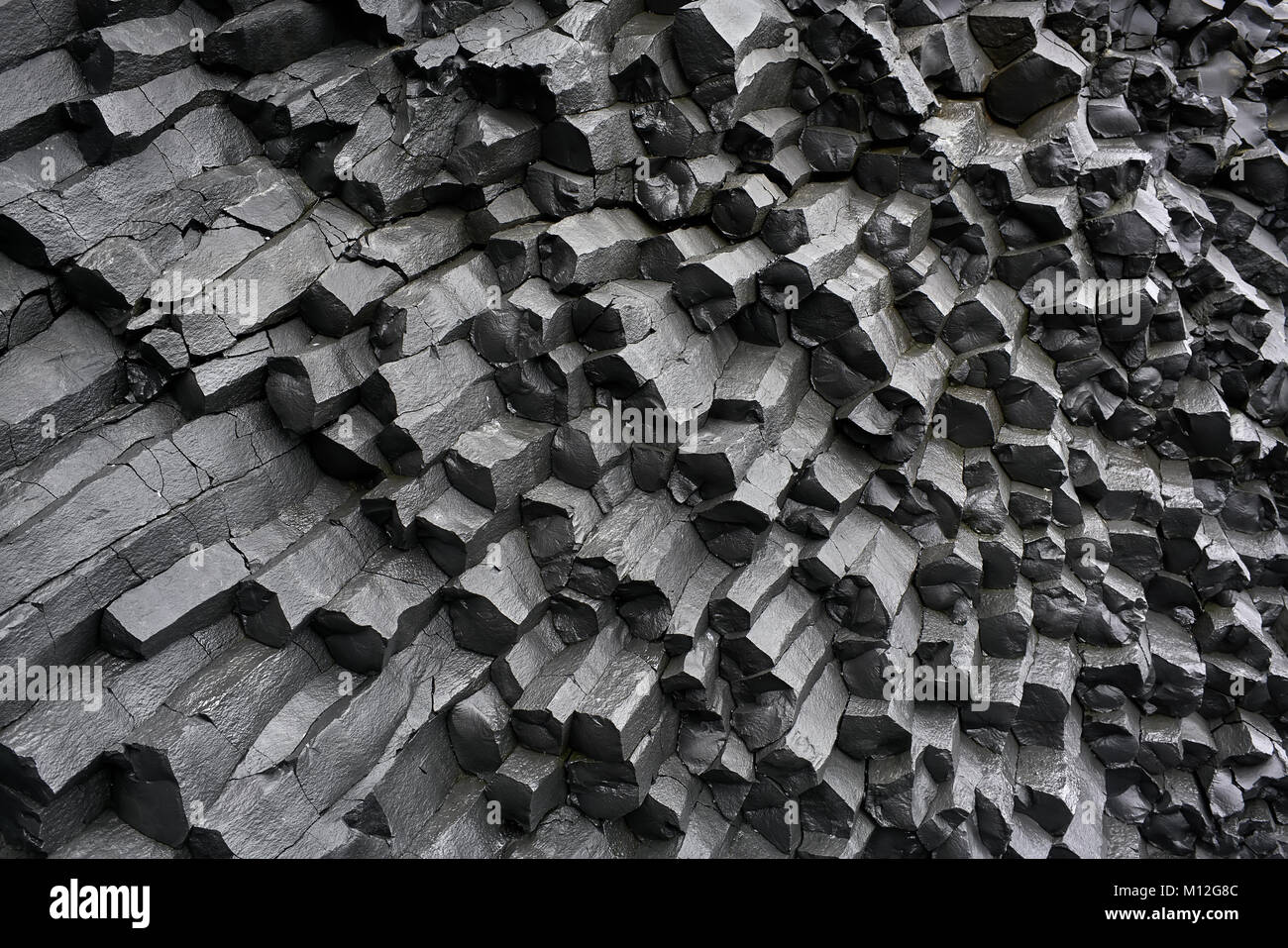 Black basalt column formation in Iceland. Closeup. Horizontal Stock ...