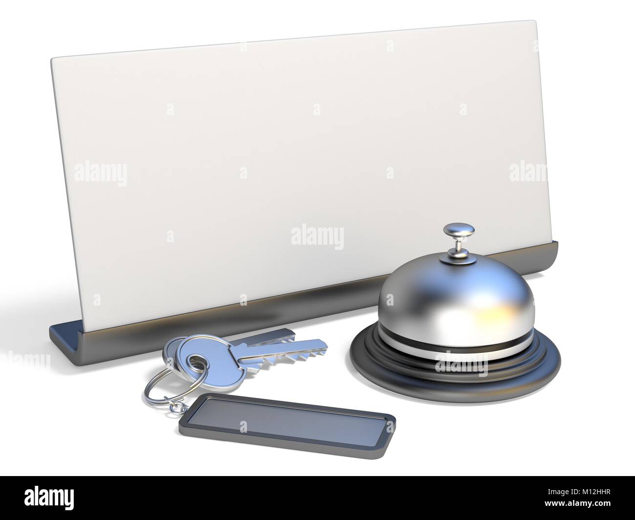 Hotel bell, blank sign and hotel keys 3D render illustration isolated ...