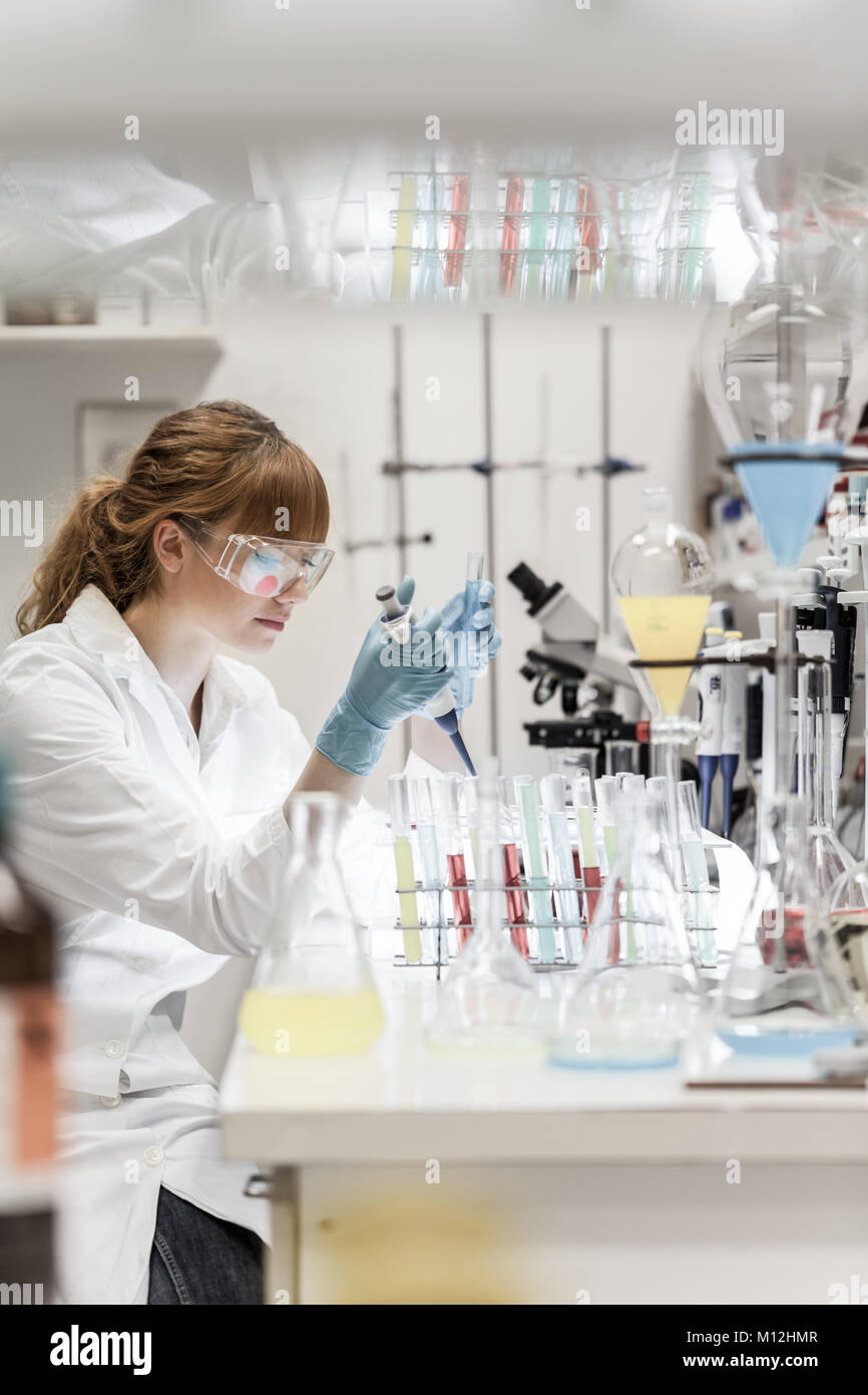Life scientists researching in laboratory. Focused female science ...