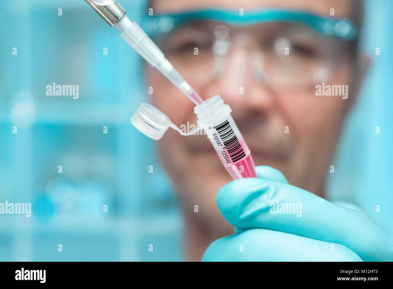 Scientist or tech holds liquid biological sample in gloved hands Stock ...