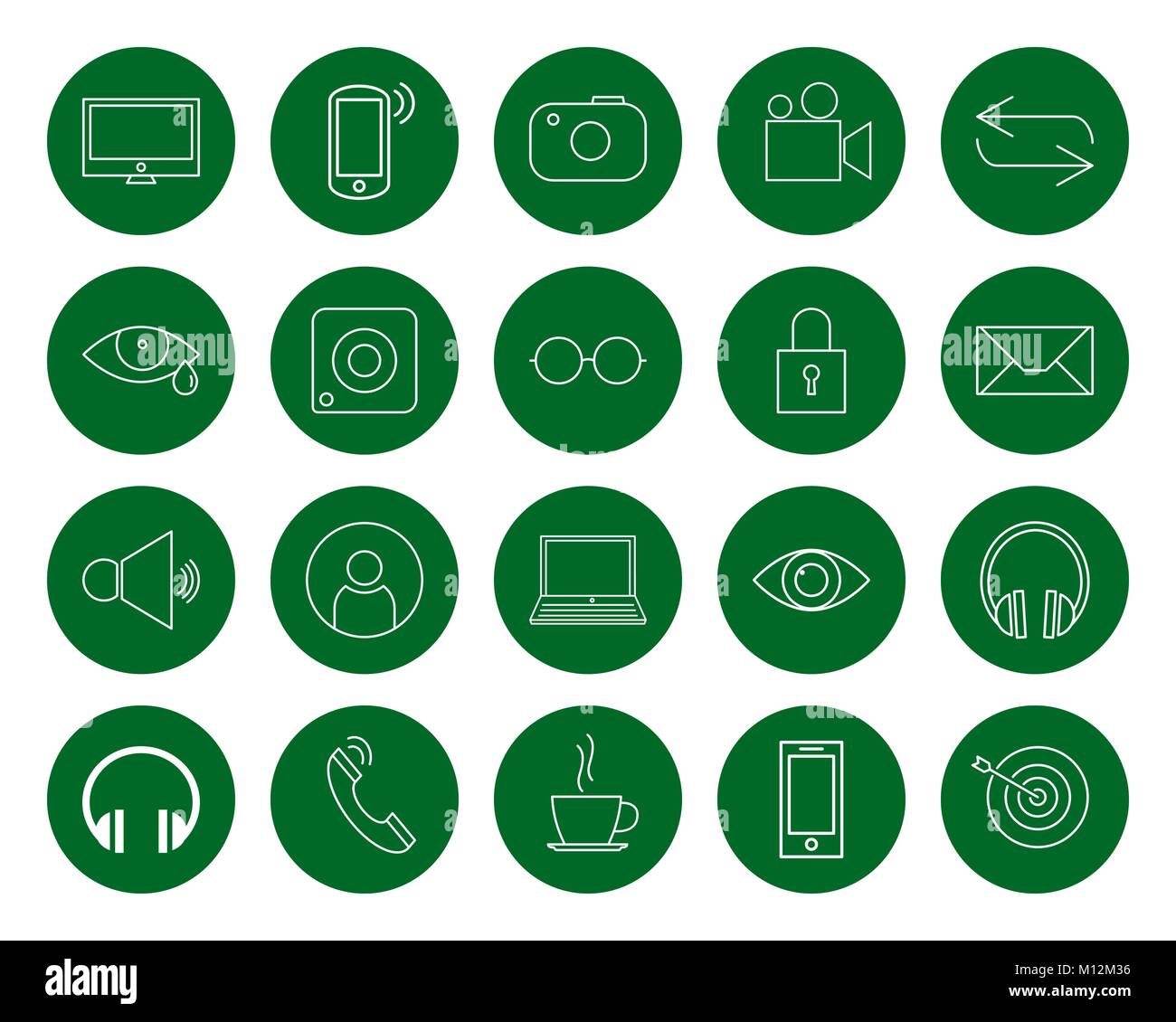 Multimedia for the user, a set of twenty vector monochrome round line ...
