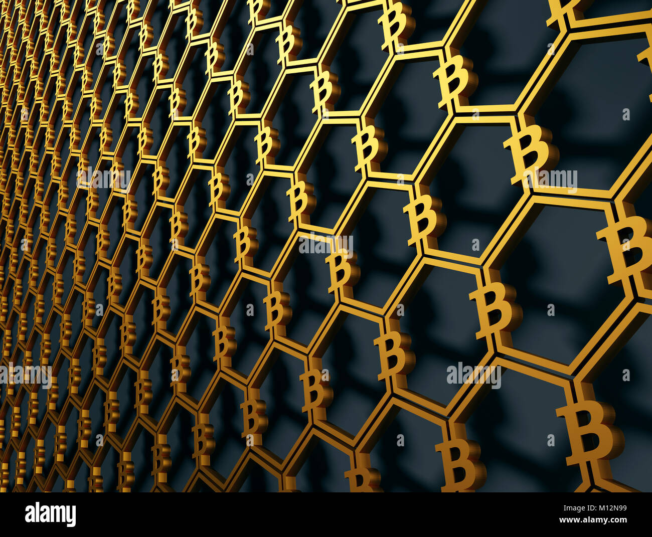 Bitcoin symbols connected in a pattern. Cryptocurrency background. 3D ...