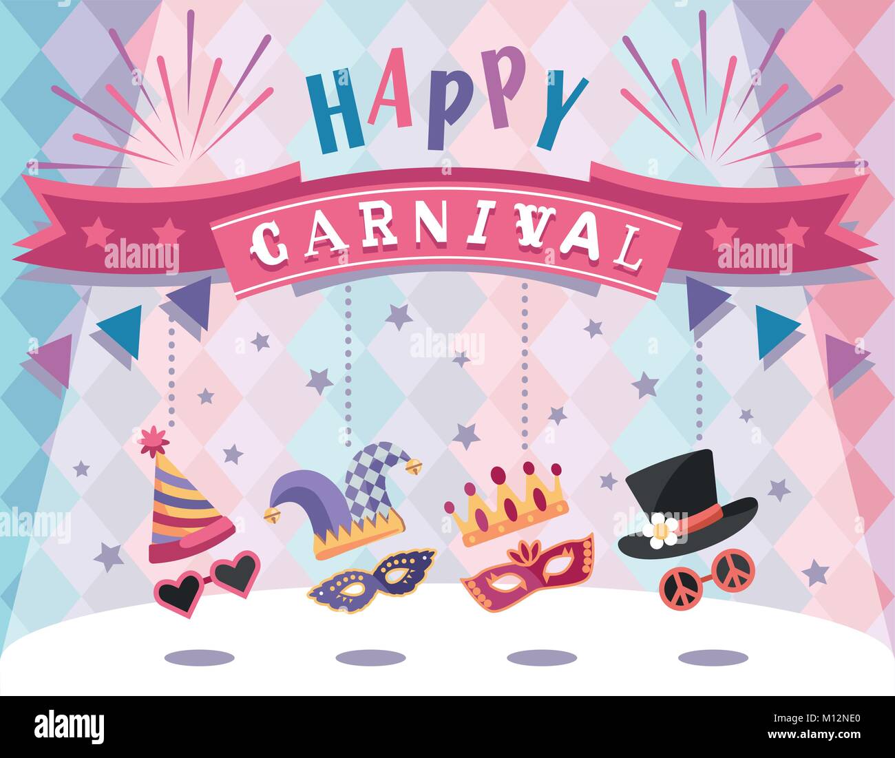 Happy Carnival. Colorful greeting card with festive elements. Flat ...