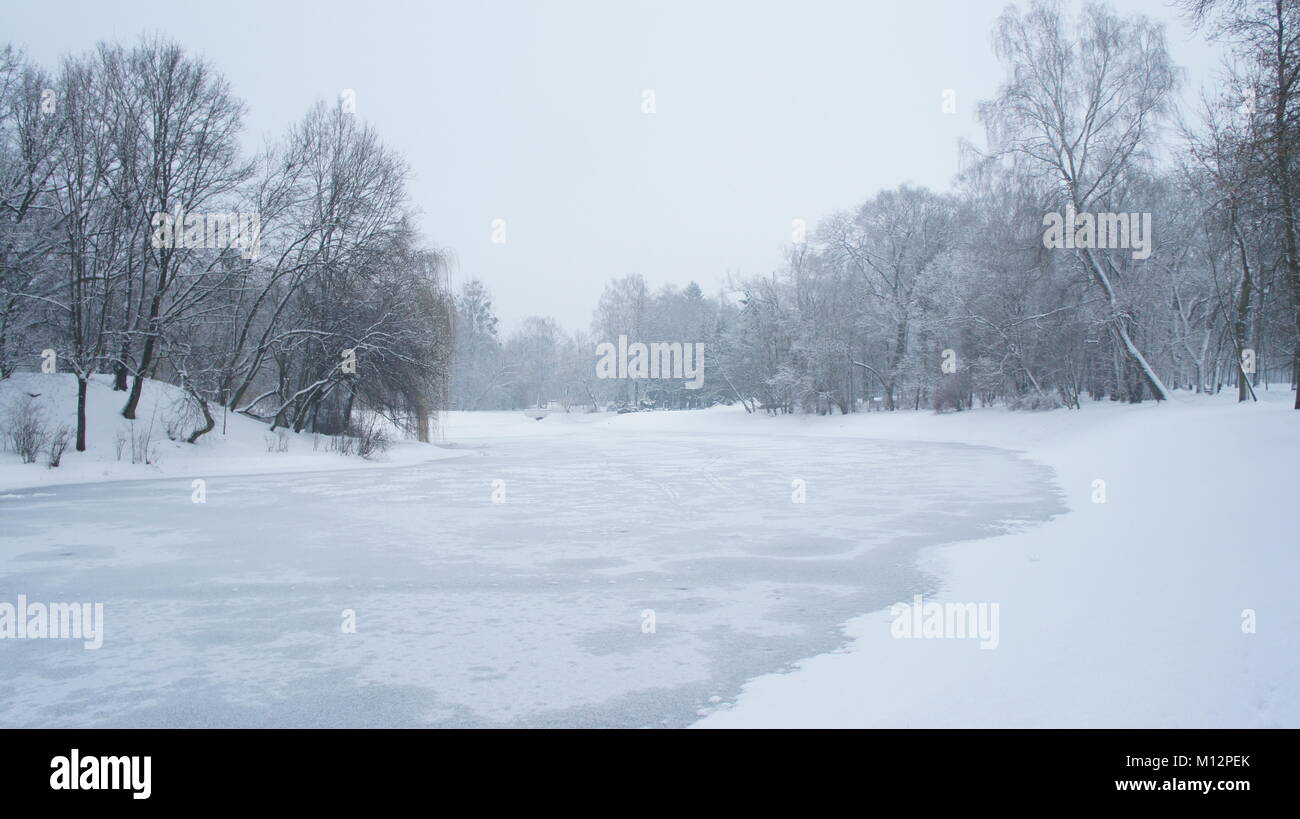 Winter Snow with frozen Lake of Park. Jozef Pilsudski Lodz Poland Stock ...