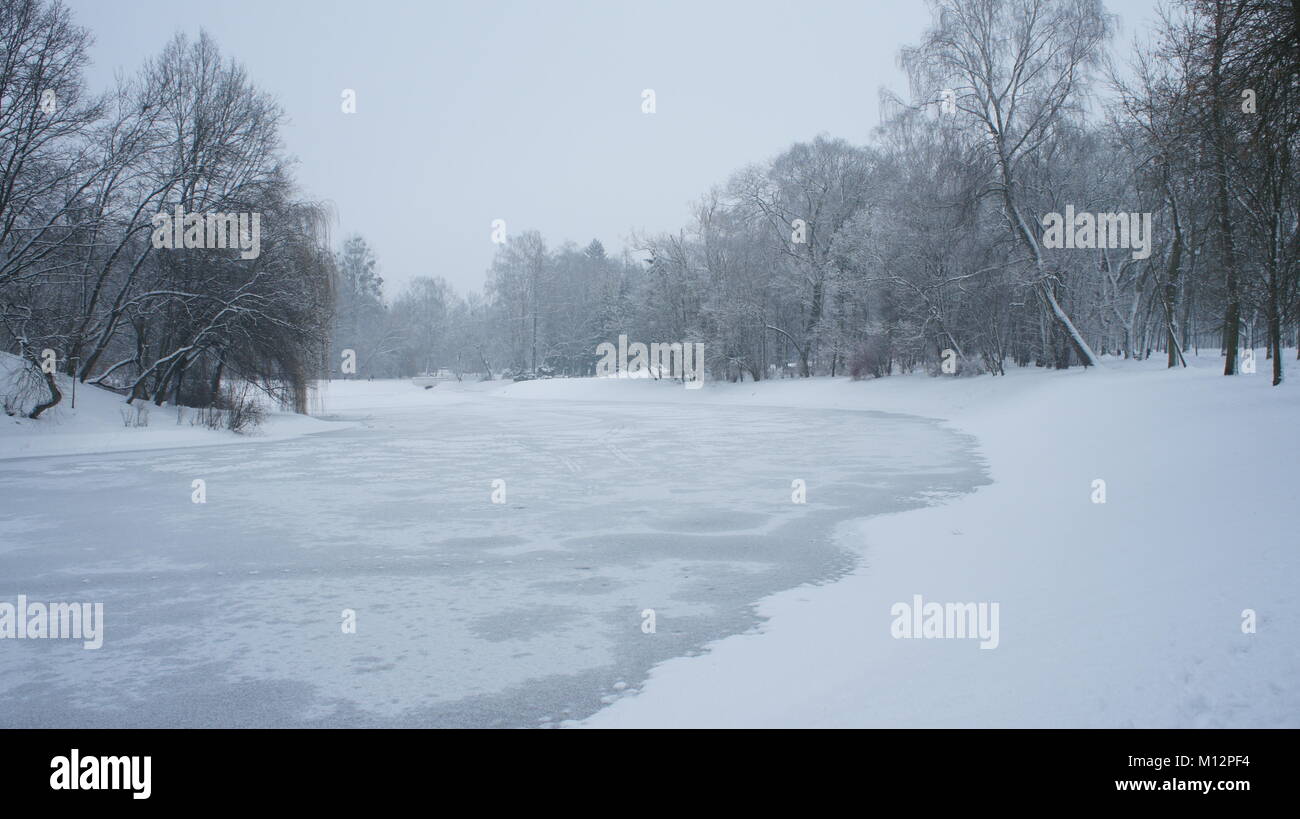 Winter Snow with frozen Lake of Park. Jozef Pilsudski Lodz Poland Stock ...