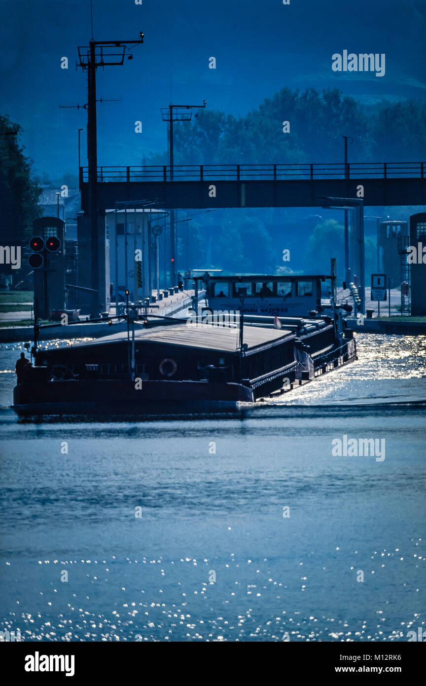 European river cruise and commercial barges Stock Photo - Alamy