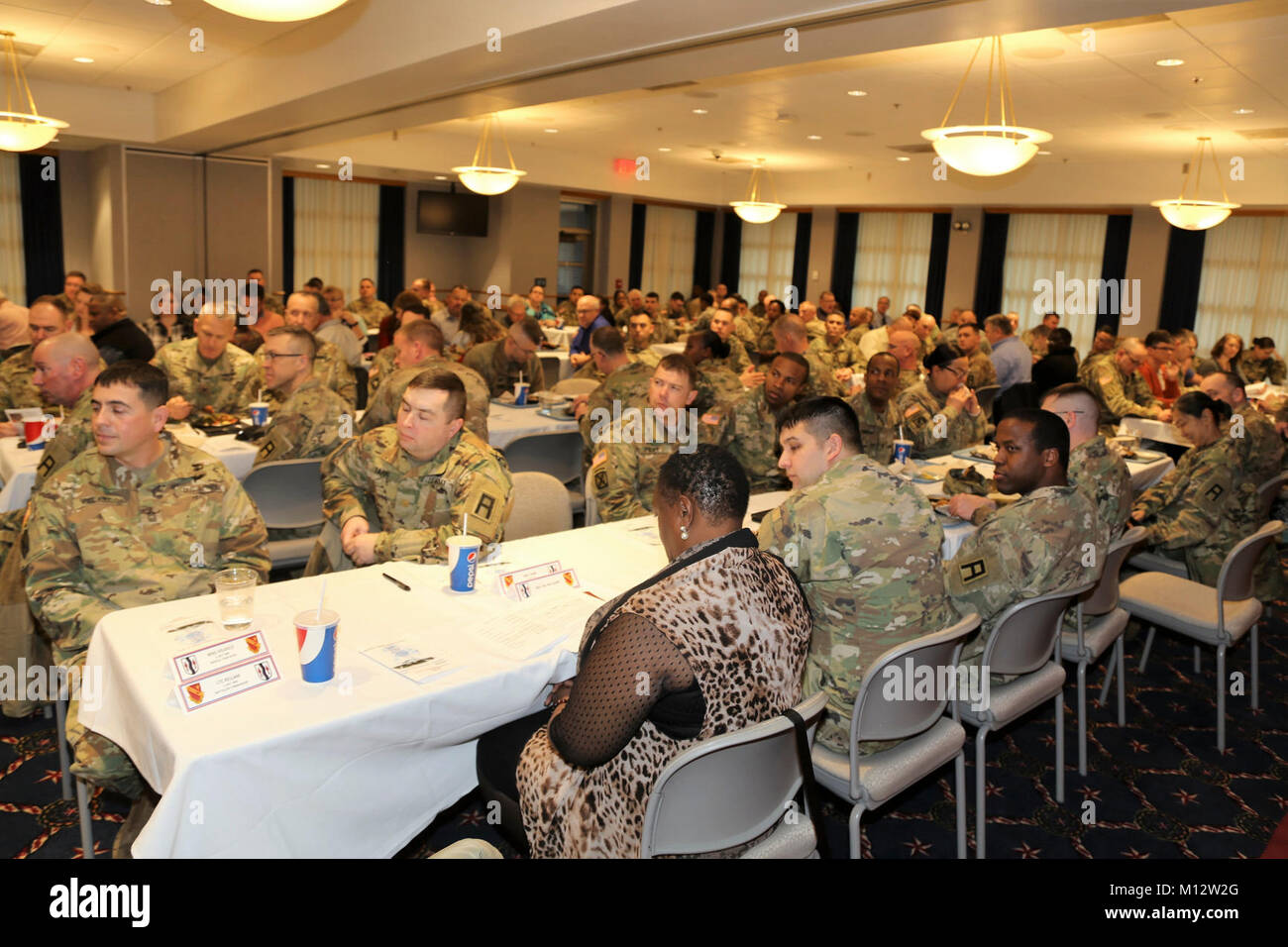 Audience members listen as Lt. Col. Robert Kellam, commander of the 1st ...