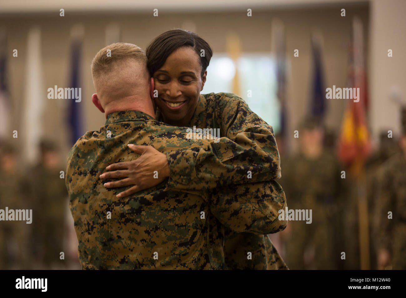 Sgt. Maj. Robin Fortner embraces Sgt. Maj. Dylan Goldman after the ...