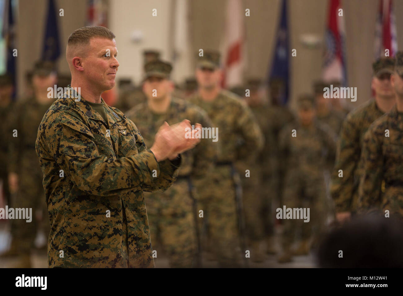Sgt. Maj. Dylan Goldman speaks to the attendees of the Marine Corps ...