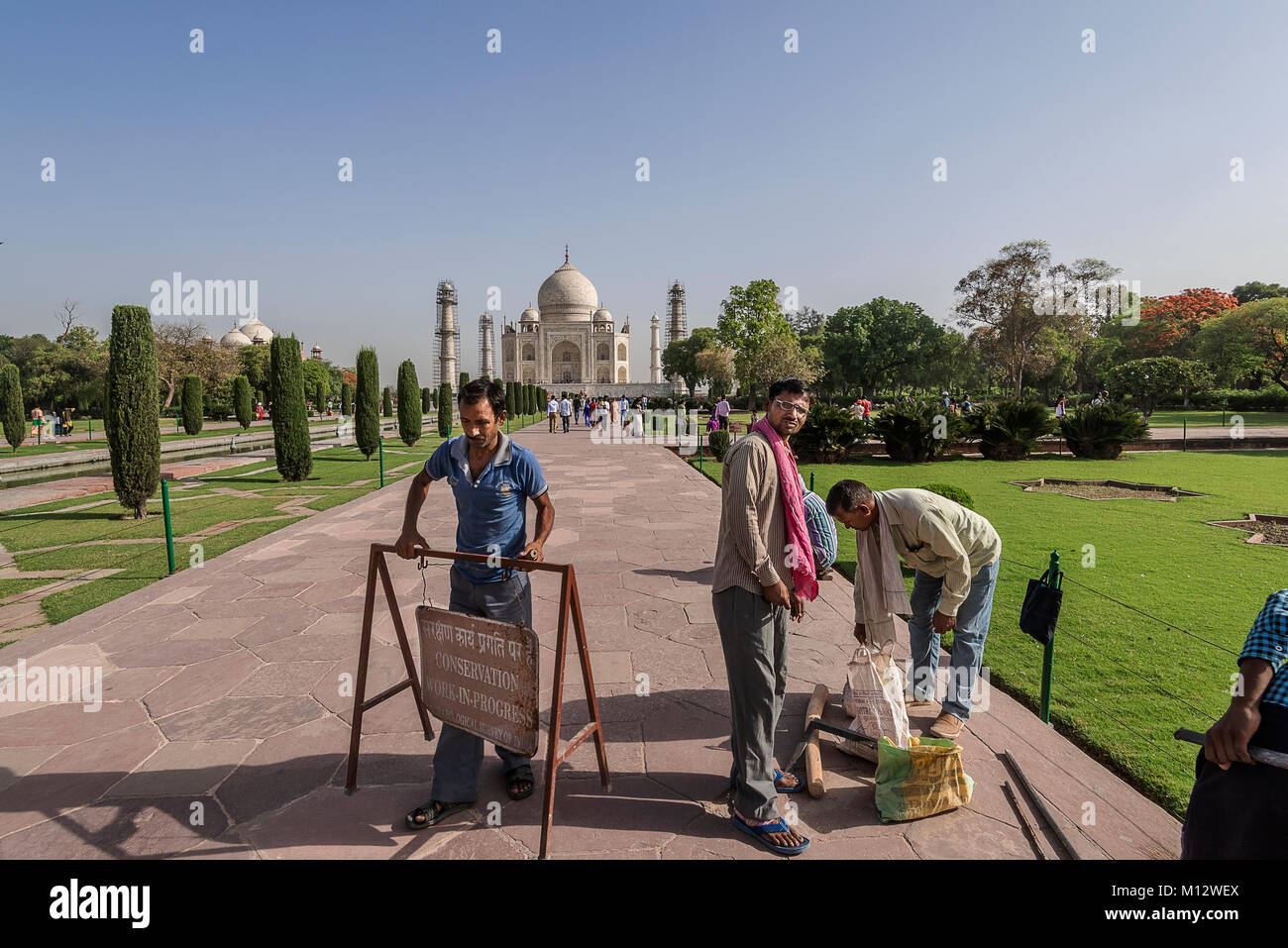 Workers getting ready to start repair work inside Taj Mahal, Agra ...