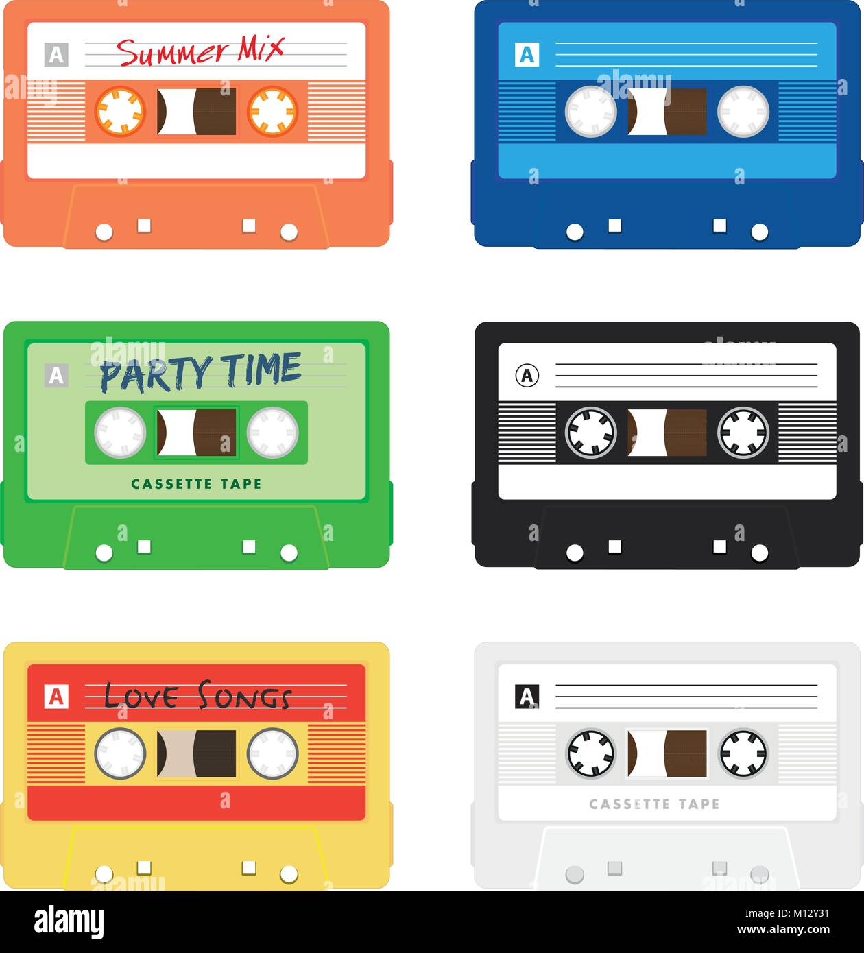 Six colorful audio music cassette tape vector isolated on white ...