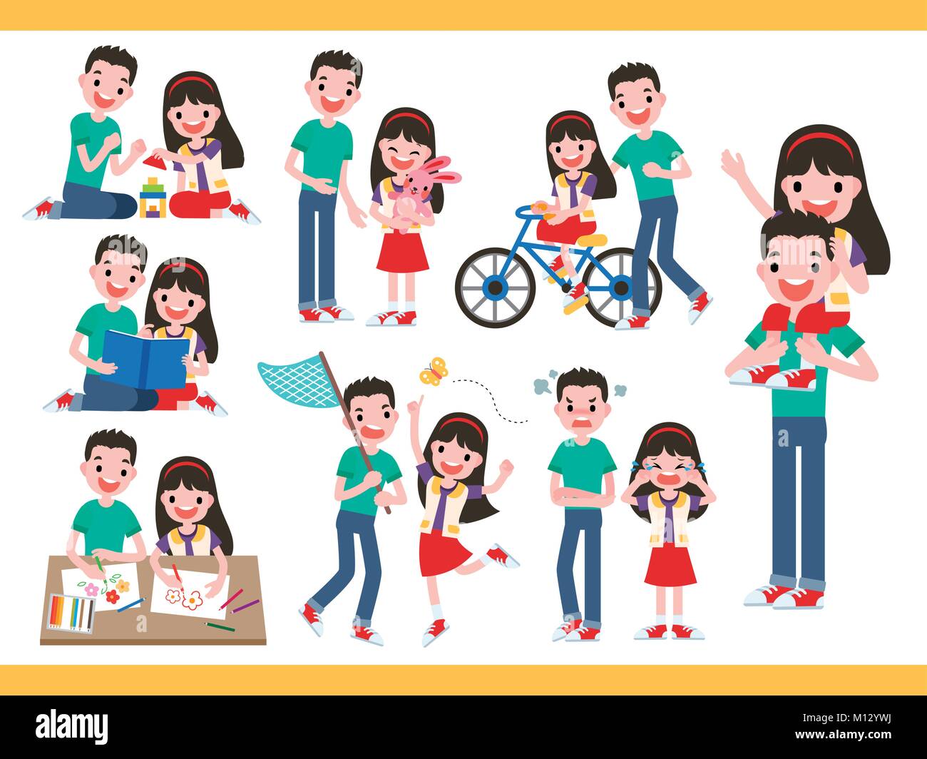 Family character set, brother and sister playing together in flat ...