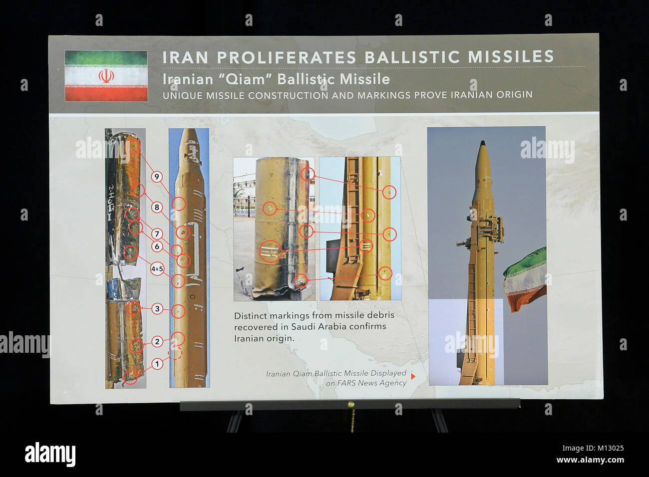 A sign explains how Iranian “Qiam” ballistic missile remnants are ...