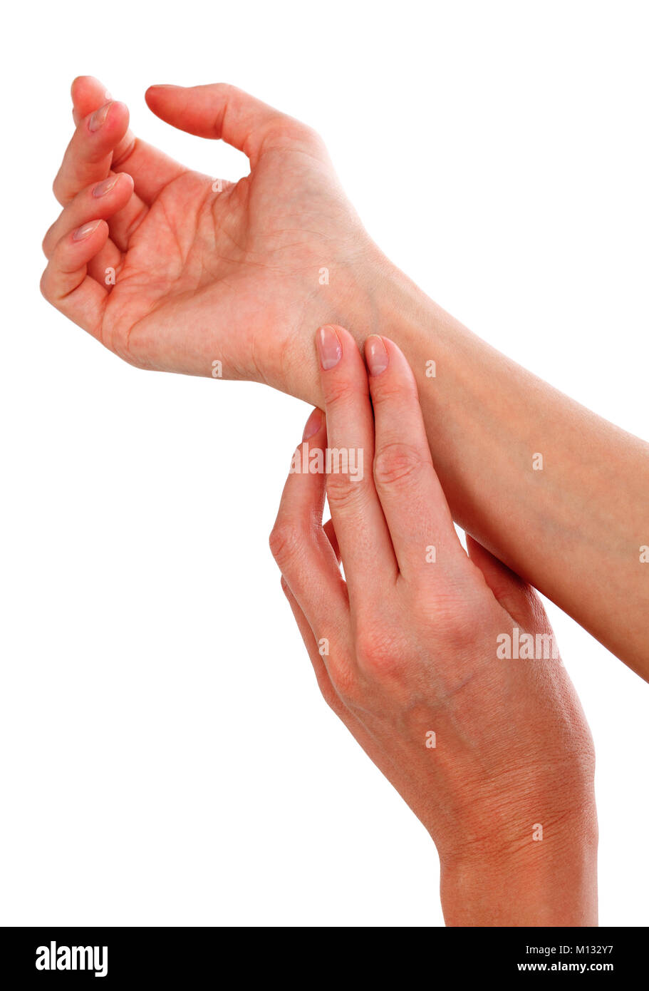 Closeup shot of female hand checking pulse, isolated on white ...