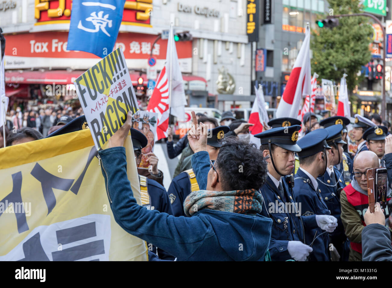 Protest Against Japanese Nationalists Marching Through Shinjuku Tokyo