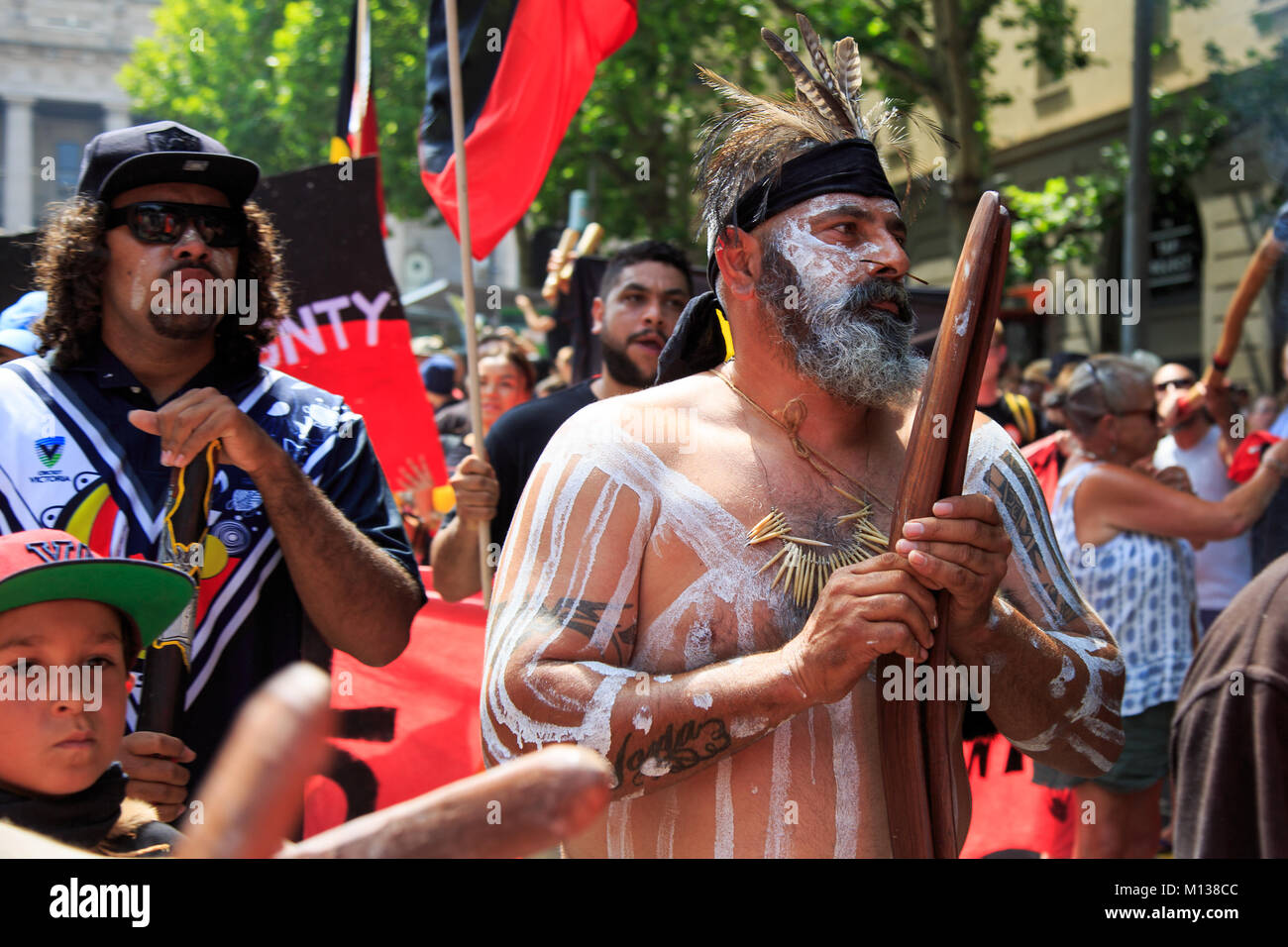 Melbourne, Australia on January 26 2018. Indigenous rights protesters ...