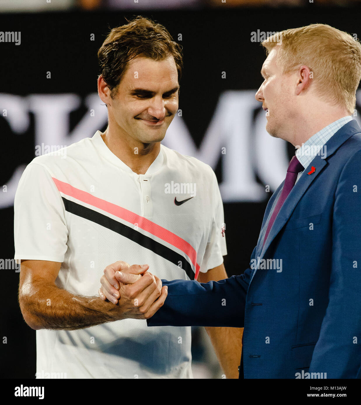 Melbourne, AUS, 26th January 2018: Swiss tennis player Roger Federer is ...