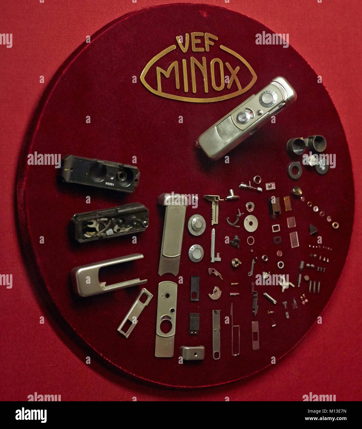 The components of a Minox subminiature camera are displayed at the ...