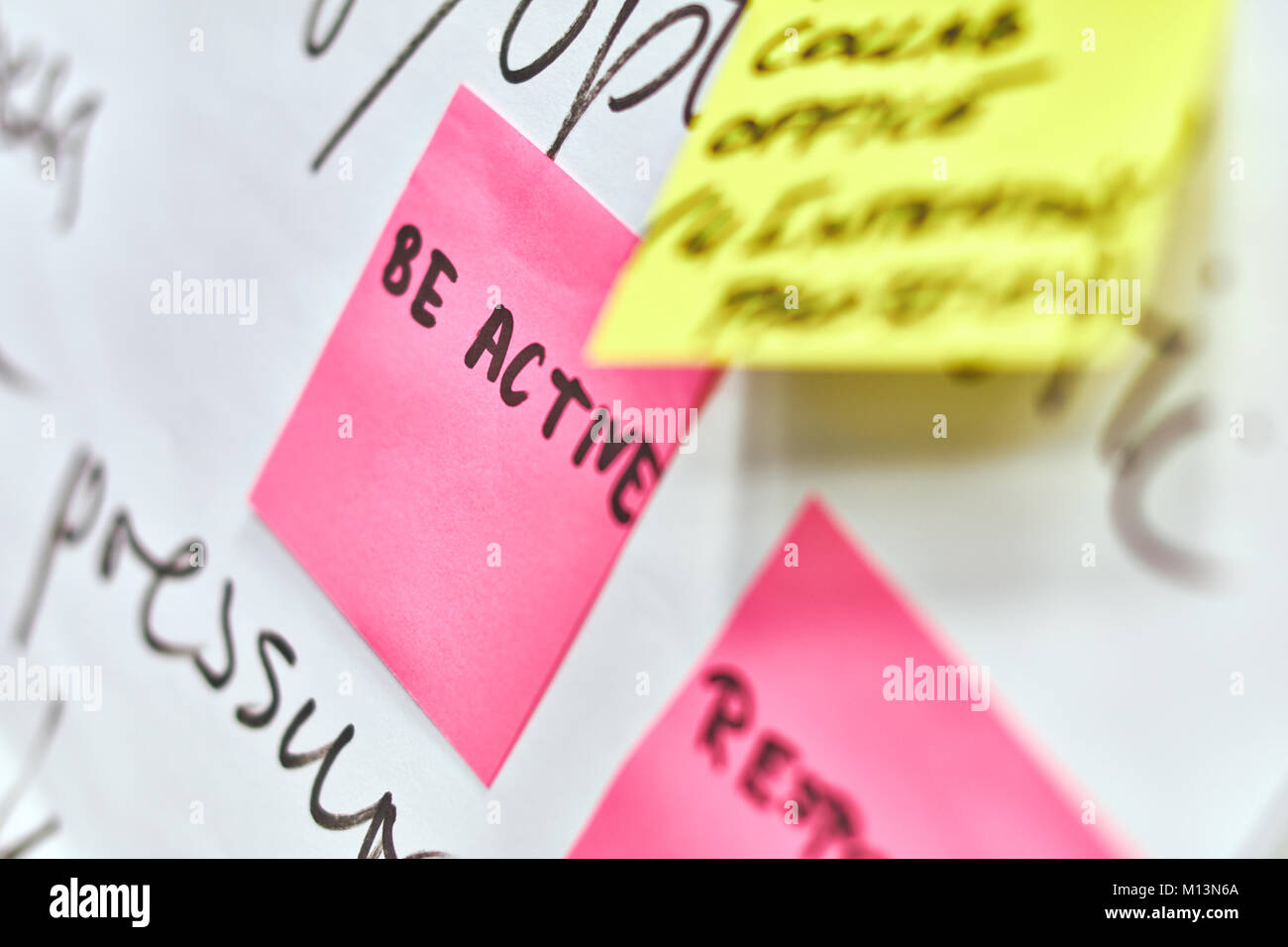 Be active written on pink and yellow paper stickers attached to a flip ...