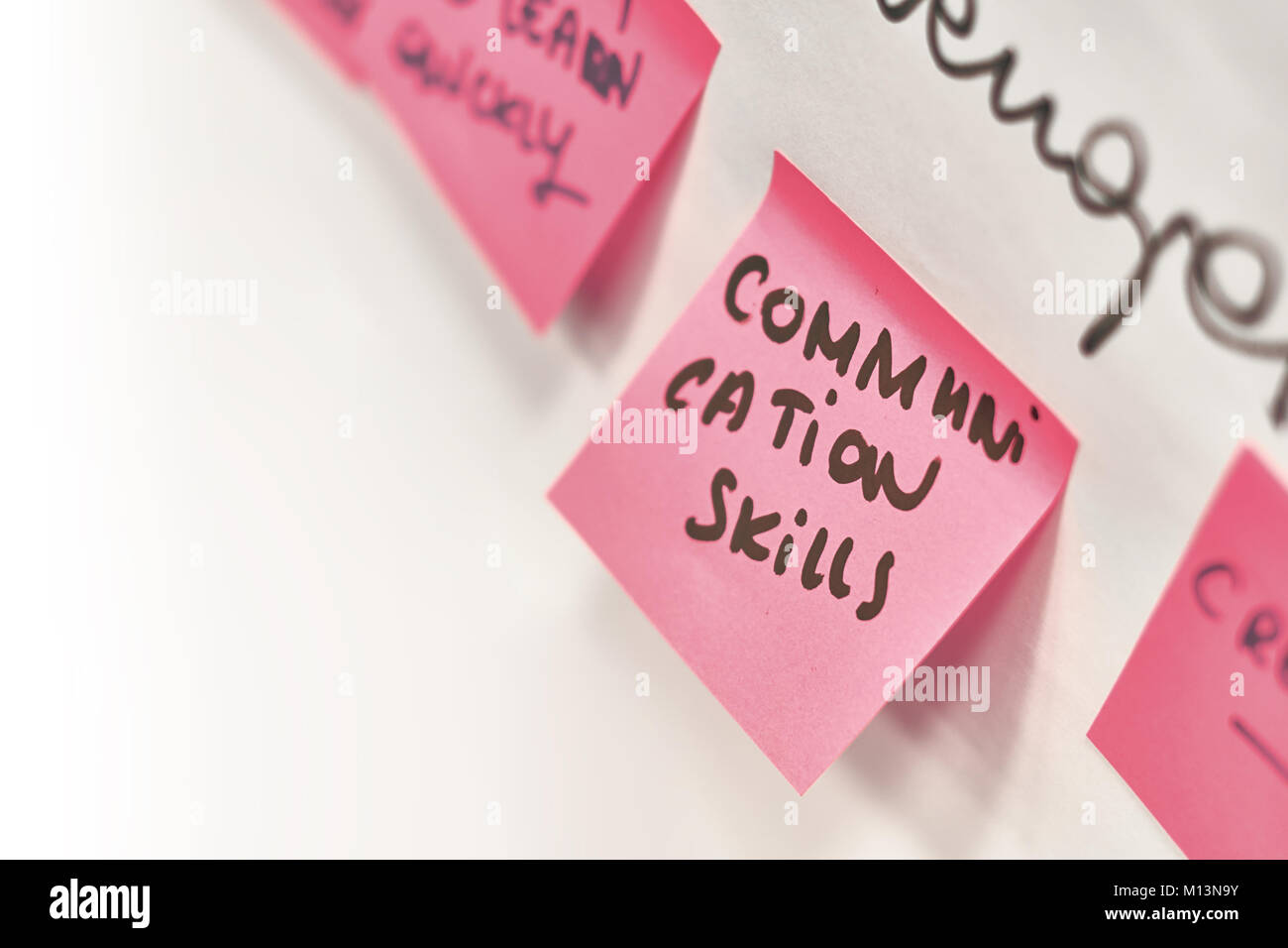 Communication skills written on pink paper stickers attached to a flip ...