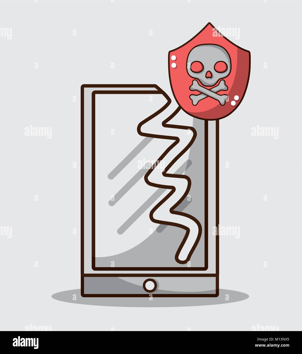 broken smartphone with warning skull virus vector illustration Stock ...