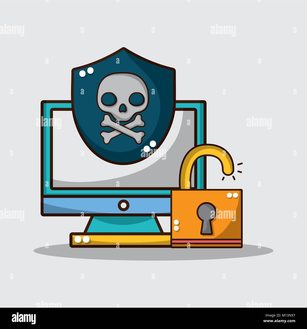 computer skull warning and paslock security vector illustration Stock ...