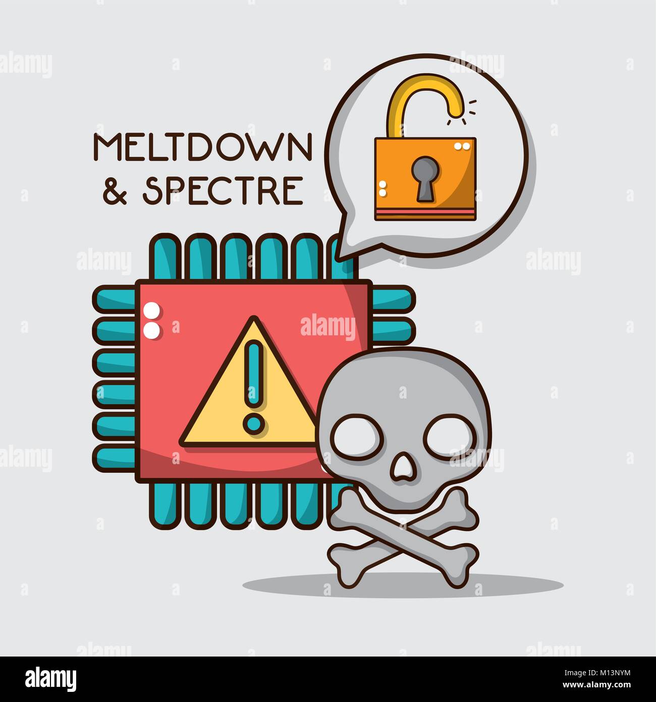 warning chip with skull and security padlock vector illustration Stock ...